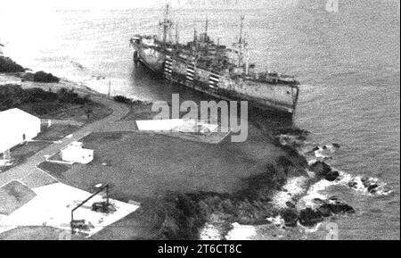 USS Brookings (APA-140) aground on Isla Cabras, Naval Station Roosevelt ...