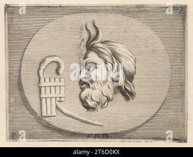Head of the Greek god of the wild, Pan, with the syrinx or pan flute ...
