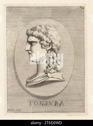 Male head with classical hairstyle or tonsure. Greek mullet style known ...