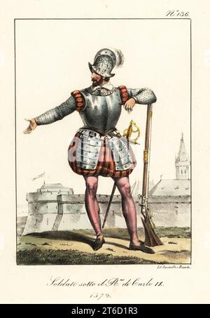 French infantry soldier, reign of King Francis I, 16th century. Helmet ...