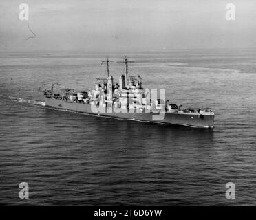USS Cleveland (CL-55) in floating drydock ABSD-1 off Espiritu Santo on ...