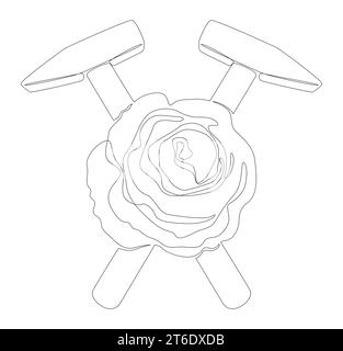 One continuous line of hammer and rose. Thin Line Illustration vector ...