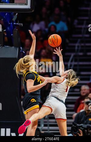 Iowa guard Sydney Affolter (3) fouls Northern Iowa guard Riley Wright ...