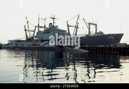USS Nevada (SSBN-733) and USS Mobile (LKA-115) are shown at Long Beach ...