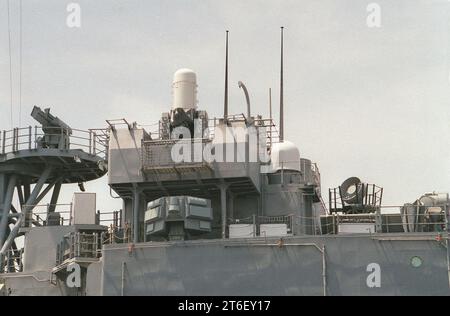 A portside view of the USS NICHOLSON (DD 982), its bridge, Phalanx ...