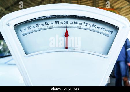 Libra. Old weighing dial of scales. Vintage mechanical scales Stock ...