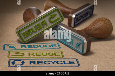 Rubber stamp with the words reduce, reuse and recycle. Waste management ...
