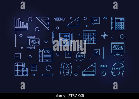 Algebra concept outline horizontal blue banner - vector illustration in ...