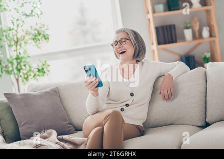 Photo of sweet funny lady wear smart casual clothes online shopping ...