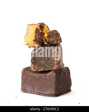 Chocolate cubes, pieces of bitter, dark chocolate bar, isolated on ...
