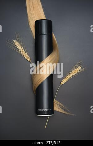 Blond long hair with Hairspray and sprigs of ripe wheat. Healthy hair ...