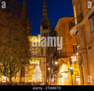 Christmas tree at the square in Bordeaux, France. Enchanted fairy tale ...