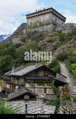 Beautiful view in Verres on a sunny summer day. Aosta Valley, northern ...