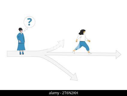 Woman standing at crossroads. Confused person thinking about the right ...
