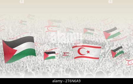 Palestine and Cyprus flags in a crowd of cheering people. Crowd of ...