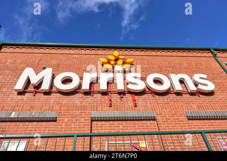 Morrisons supermarket sign in Melton Mowbray, Leicestershire, UK Stock ...