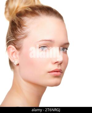 portrait of teen girl with soft skin isolated on white background ...