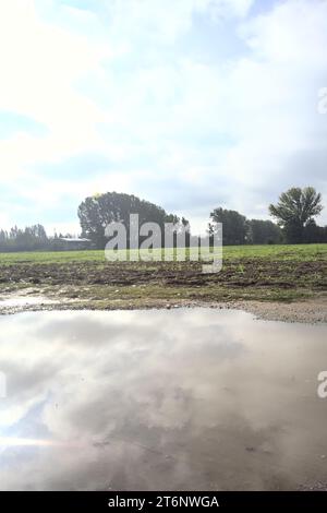 Puddle on a path next to a field with the sky casted in the water on a ...