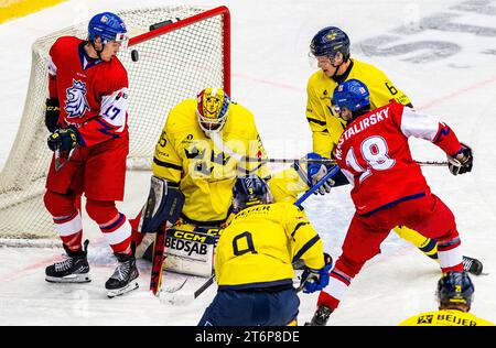 From left Hugo Havelid, goalie of Sweden and Czech Sebastian Redlich in ...