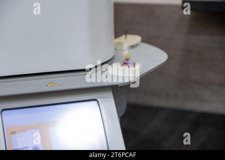 Technician operates high temperature furnace to bake prosthetic ceramic ...