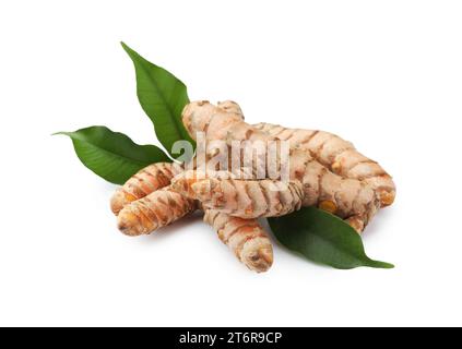 Fresh turmeric roots and green leaves isolated on white, top view Stock ...
