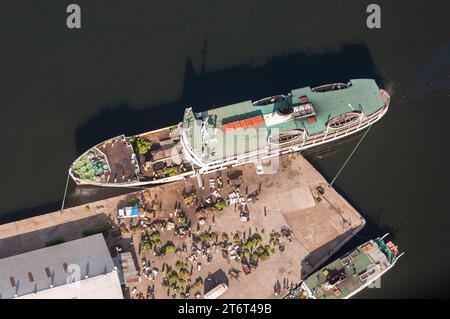 Birds eye view of the Victoria vessel moored at a pier in Mwanza ...