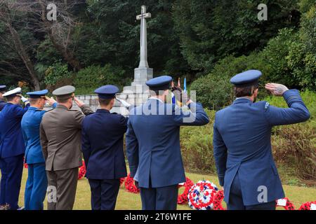 Military personnel salute the Cross of sacrifice during the Remembrance ...