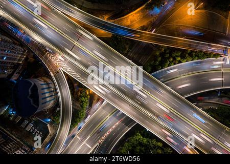 Aerial Nighttime Urban Intersection with Streetlights and Cars, Indiana ...