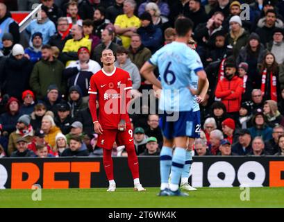 Liverpool's Darwin Nunez reacts after his goal is ruled out for offside ...