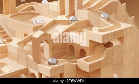 Wooden marble run machine on plain background. Rolling ball toys with ...