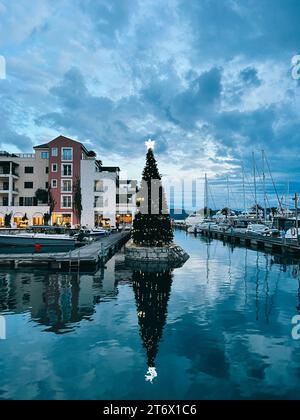 A tree decorated with festive garlands with luminous bulbs against the ...