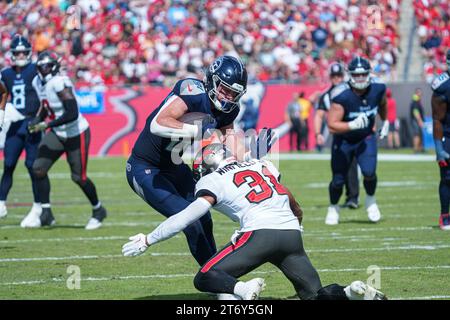 Tennessee Titans tight end Josh Whyle (81) walks off the field after an ...