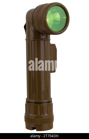 vintage military style flashlight with green light isolated on white ...