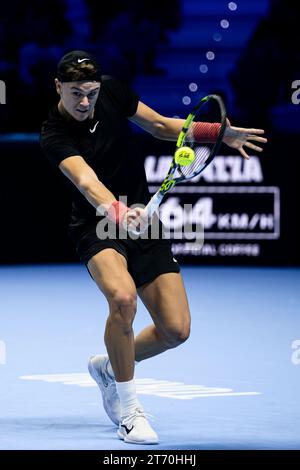 Holger Rune of Denmark plays a backhand return during a practice ...