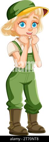 A shy girl with short hair and a cap, dressed in denim overalls Stock ...