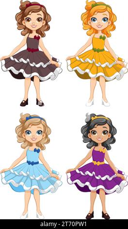 A set of girl cartoon characters dressed as princesses at a fantasy ...