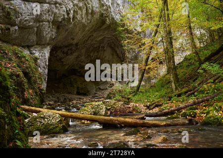 Vibrant autumnal landscape of a large cave entrance with a river ...