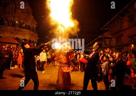 Lalitpur, Nepal. 13th Nov, 2023. A Lakhey performs a traditional dance ...