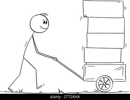 Person Pushing Cart with Boxes, Vector Cartoon Stick Figure ...