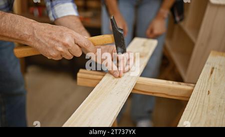Two skilled carpenters, a dynamic duo, driving a nail into a wood plank ...