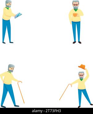 Active aging icons set cartoon vector. Positive cartoon senior ...