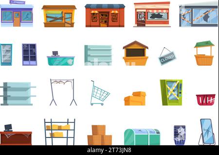 Street market with abandoned and broken food and drinks kiosks with ...