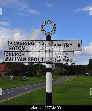 A signpost at Goathland on the North Yorkshire Moors, as heavy ...