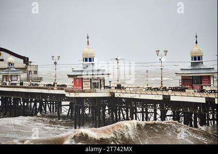 Storm Debi blowing in Blackpool in November 2023. Seafront shelters ...