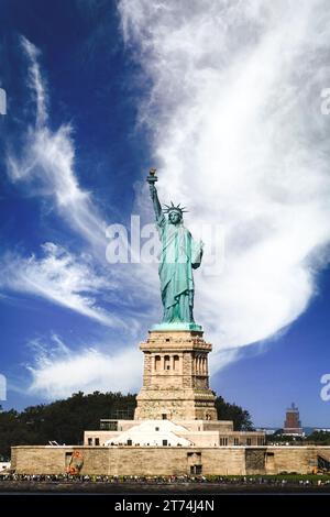 The iconic Statue of Liberty on Liberty Island. The copper clad statue ...