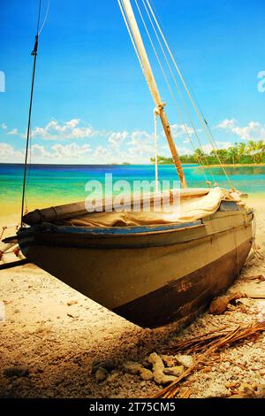 Traditional Polynesian Boat on display on the quay at Papeete, Island ...