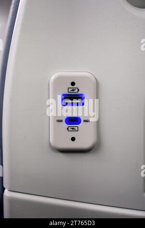 USB port at the seat of airplane for charging the electronics devices ...