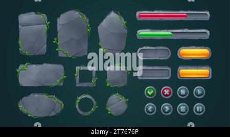 Stone game menu boards with vines. Tablets, buttons, cartoon interface plaques, frames and ...