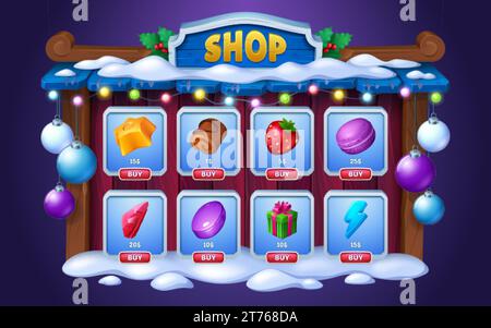 Winter Christmas game shop ui wood sign frame with button to buy ...