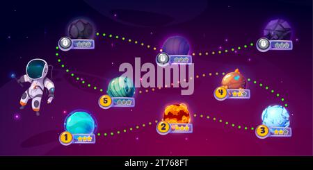 Space adventure arcade game map. Vector cartoon illustration of night sky background with stars ...
